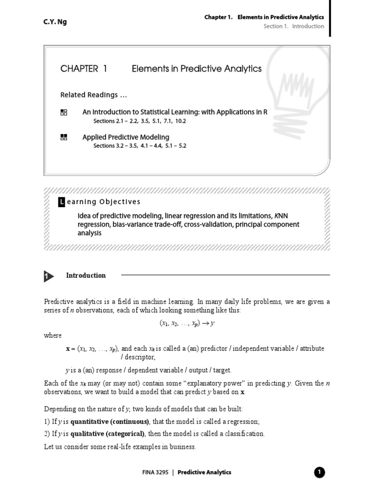Chapter 1. Elements in Predictive Analytics | PDF | Cross Validation (Statistics) | Principal ...