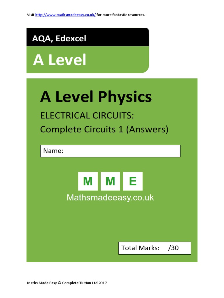 As Physics Electricity Complete Circuits Answers AQA Edexcel | PDF ...