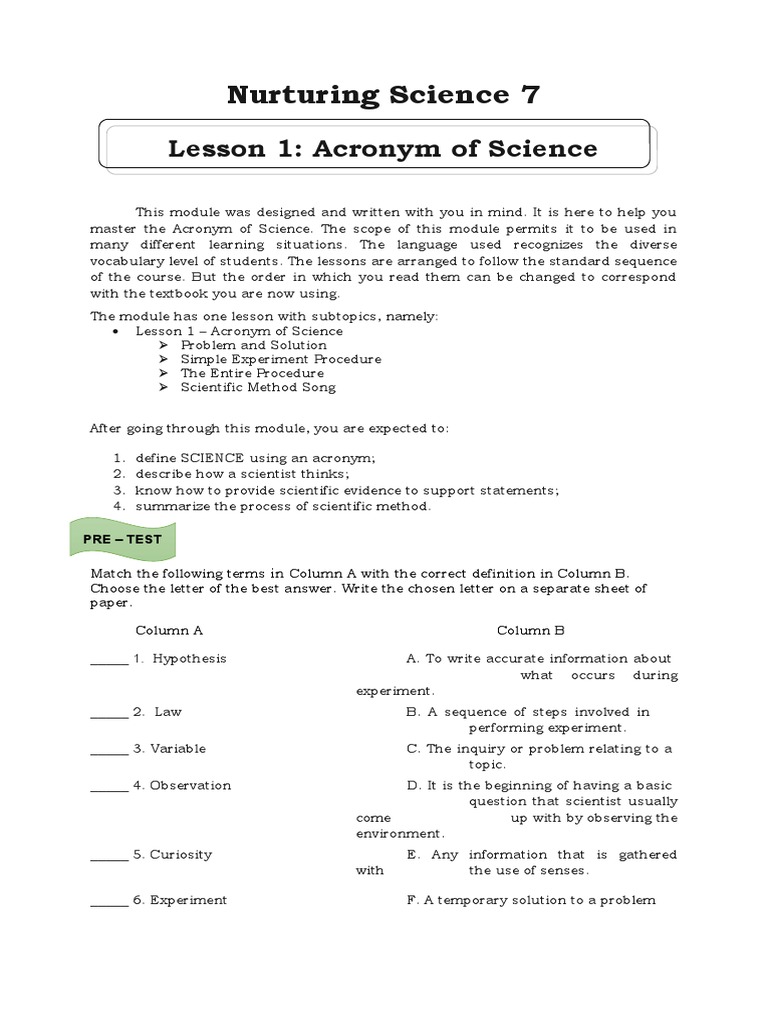 Nurturing Science 7: Lesson 1: Acronym of Science | PDF | Experiment ...