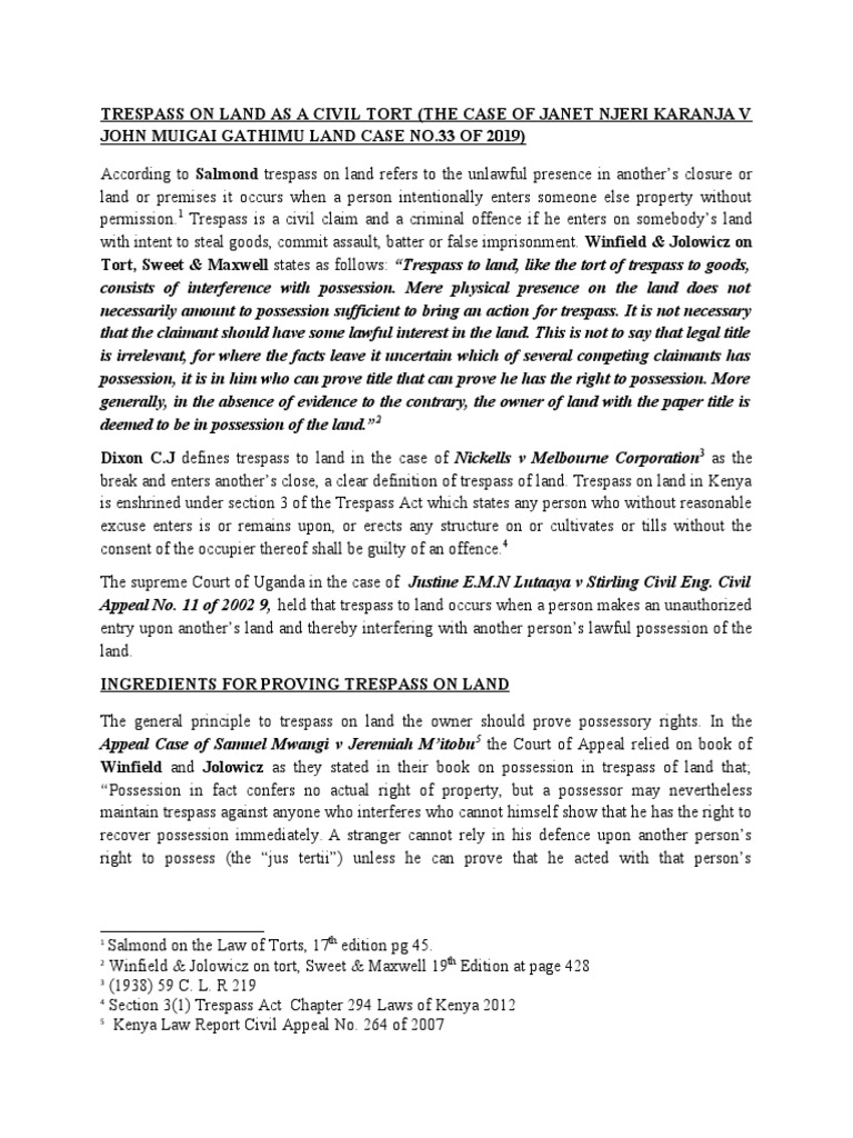 Tresspass To Land As A Civil Tort | PDF | Trespass | Legal Remedy