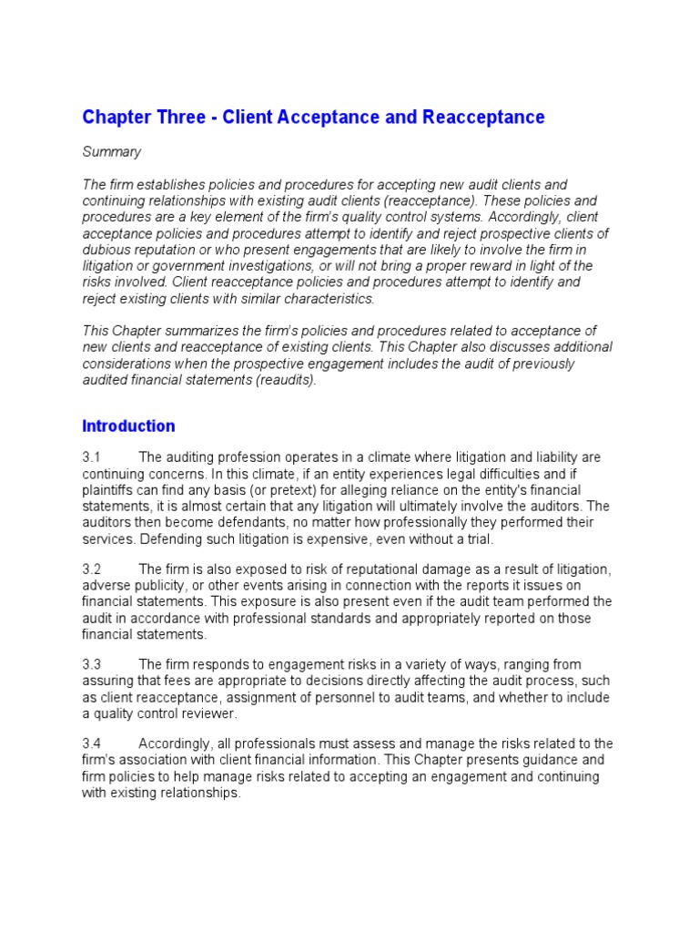 Client Acceptance and Reacceptance Policies | PDF | Audit | Risk