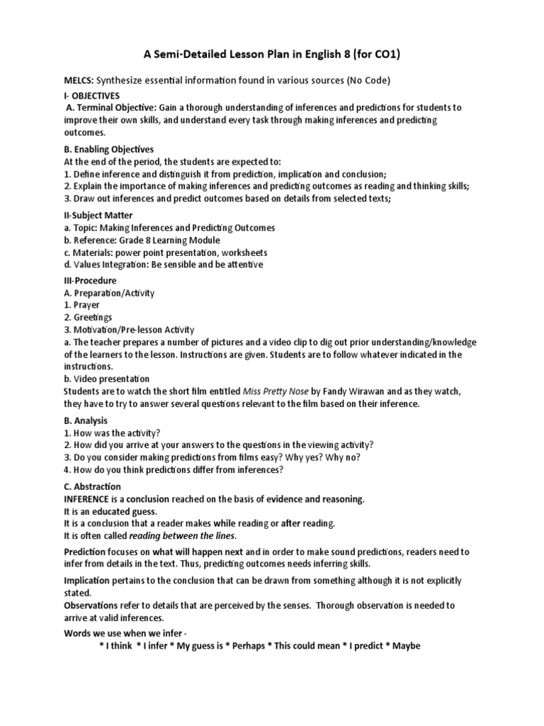 Final DLL in CO1 English 8 | PDF | Inference | Learning