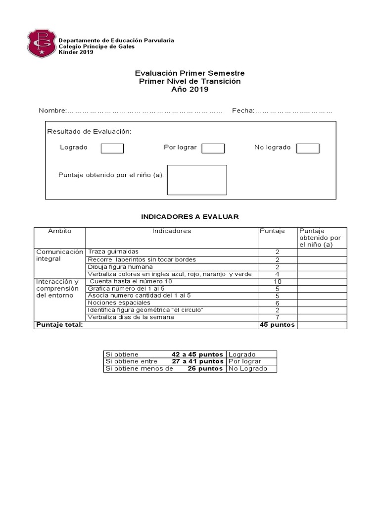 Prueba Pre Kinder Primer Semestre | PDF | Educación de la primera infancia