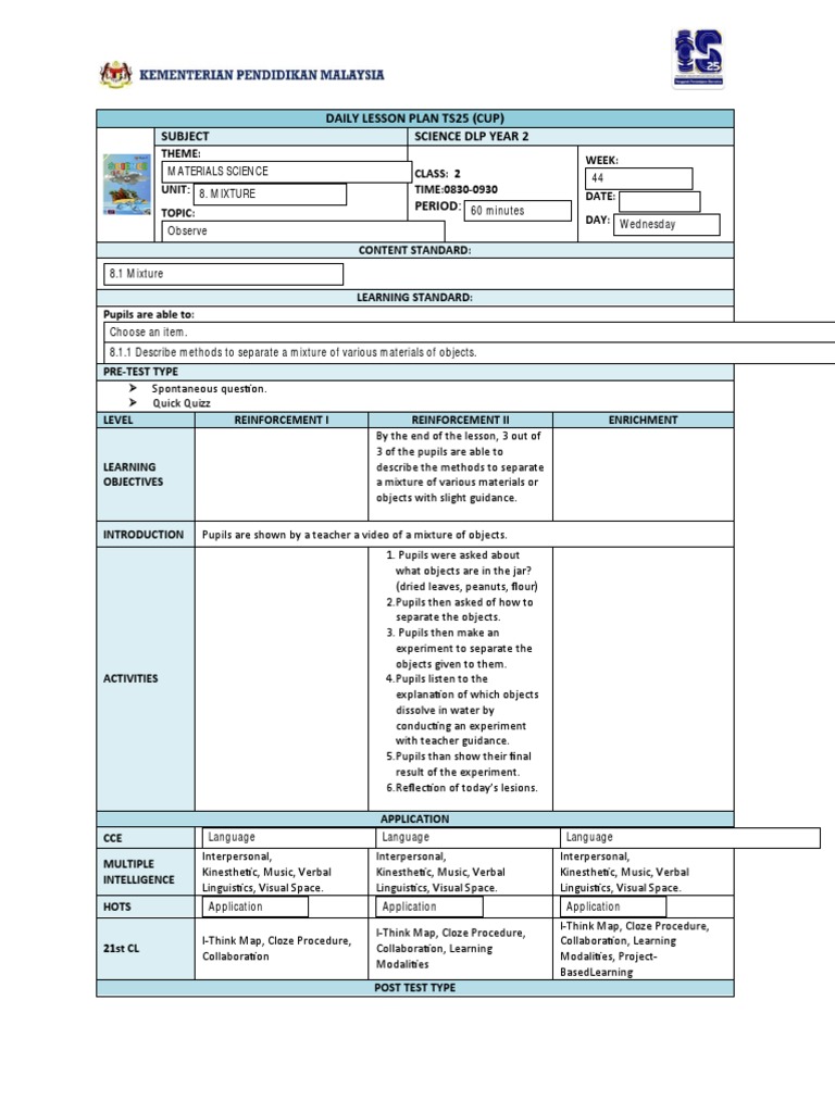 Daily Lesson Plan Ts25 (Cup) Subject Science DLP Year 2 | PDF | Lesson ...