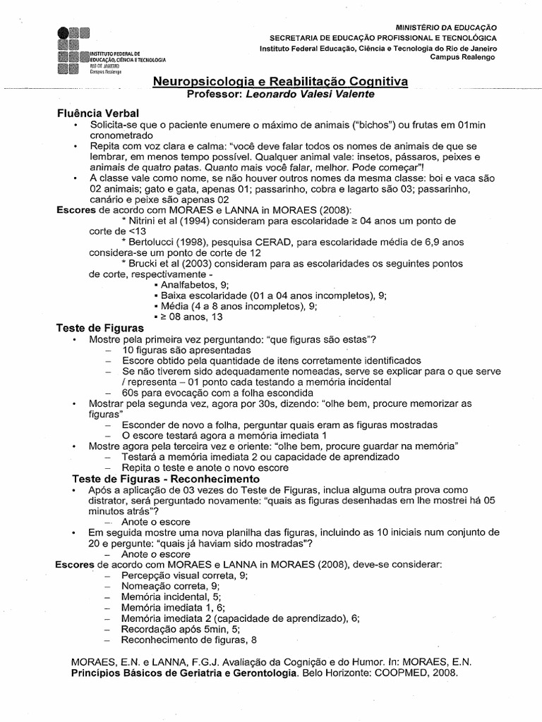 Testes de Fluência Verbal e Figuras | PDF | Memória | Cognição