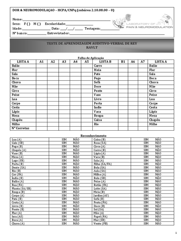Teste de Aprendizagem Auditivo-Verbal de Rey - RAVLT | PDF