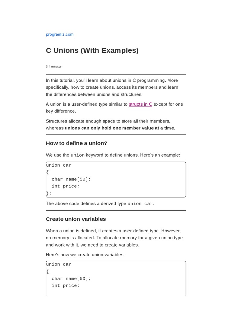C Unions (With Examples) | PDF | Pointer (Computer Programming) | Software Engineering