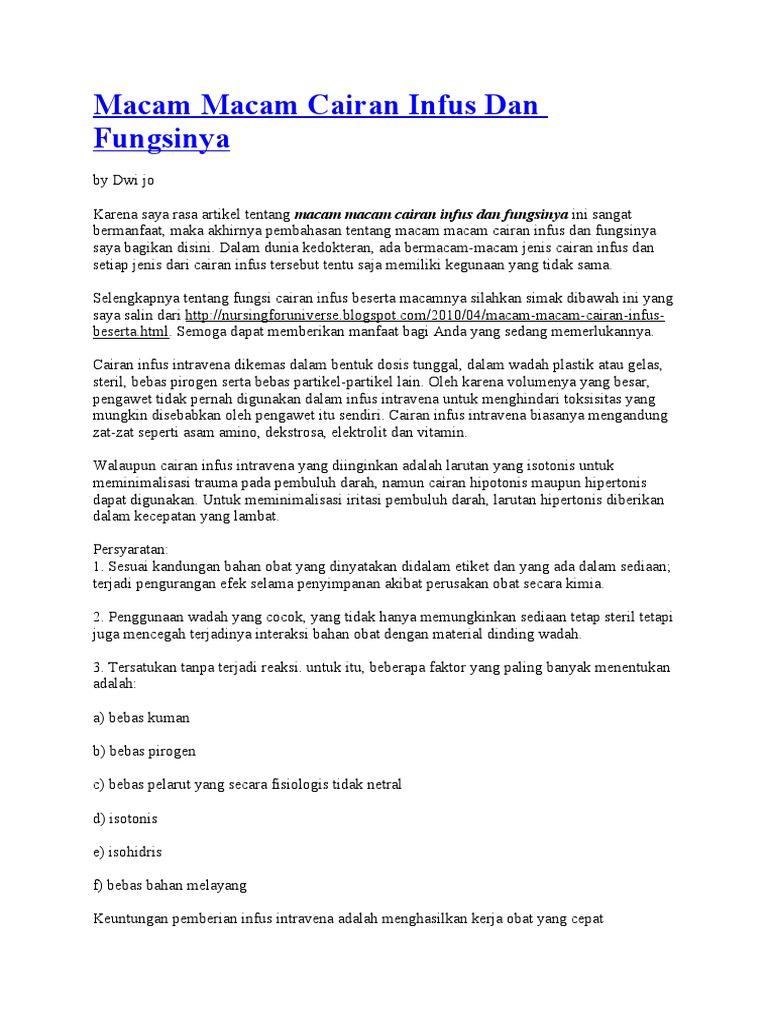 Macam Macam Cairan Infus Dan Fungsinya | PDF