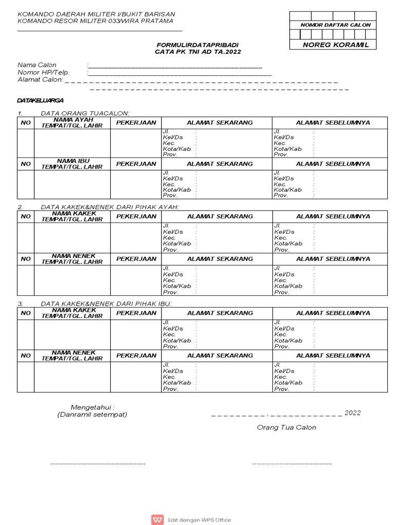 Formulir Data Pribadi Cata PK | PDF