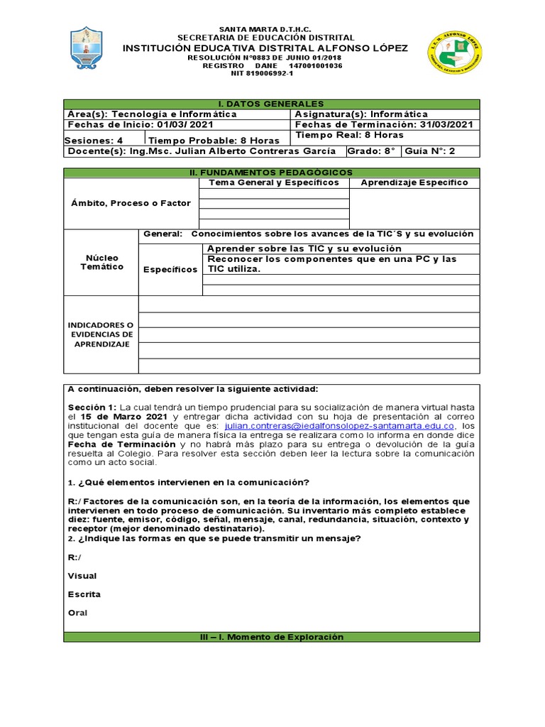 Guia de Informática Marzo 2021 - Grado 8 (Resuelto) | PDF | Hardware de ...