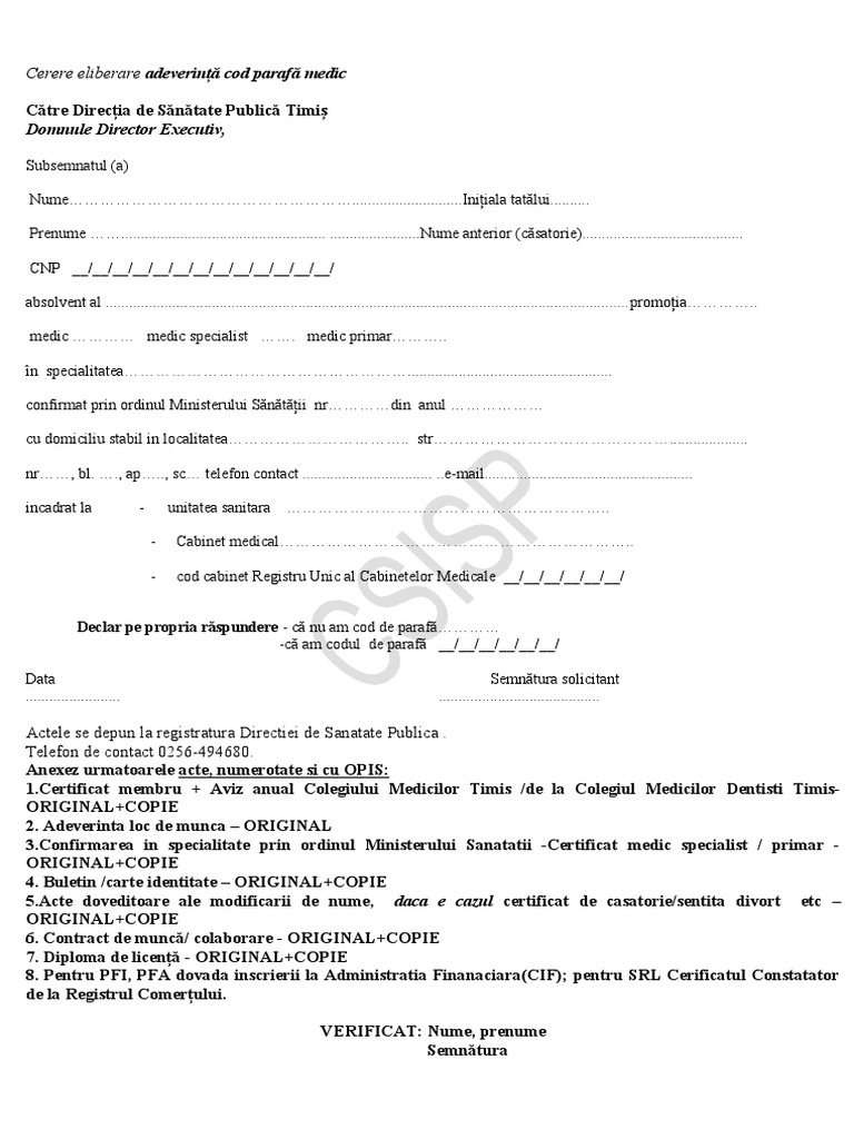 Cerere Cod Parafa 2019 | PDF