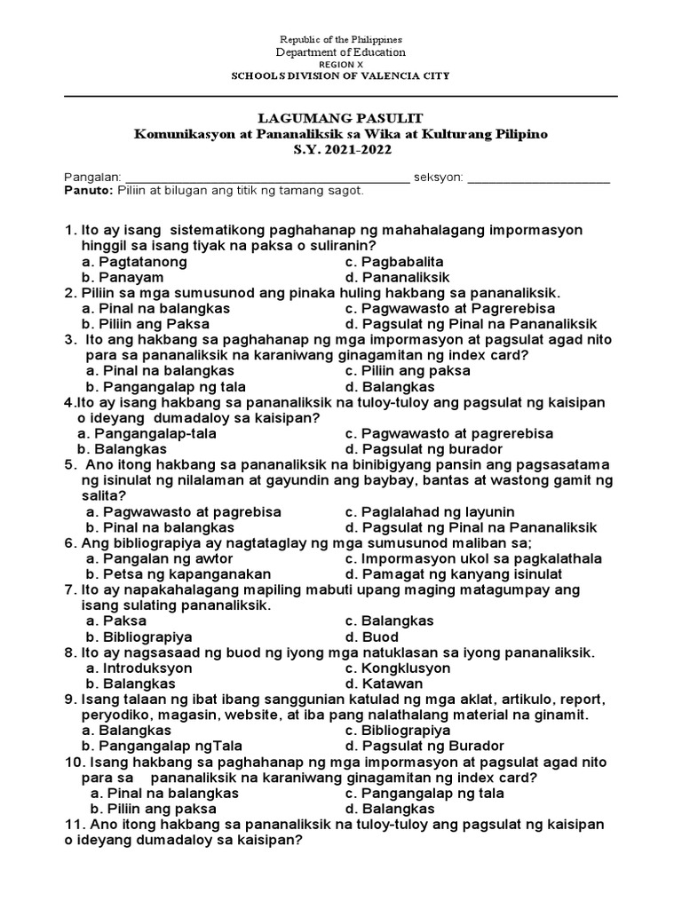 LAGUMANG PASULIT-KPWKP 2nd Quarter | PDF