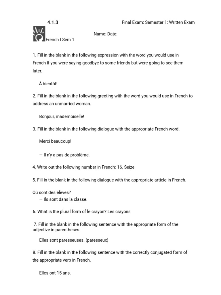 French I Semester 1 Final Exam | PDF | French Language | Language Mechanics