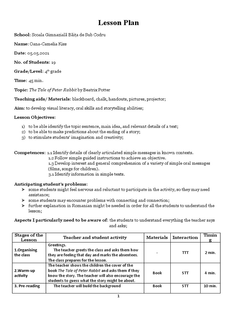 Lesson Plan - The Tale of Peter Rabbit | PDF | The Tale Of Benjamin ...