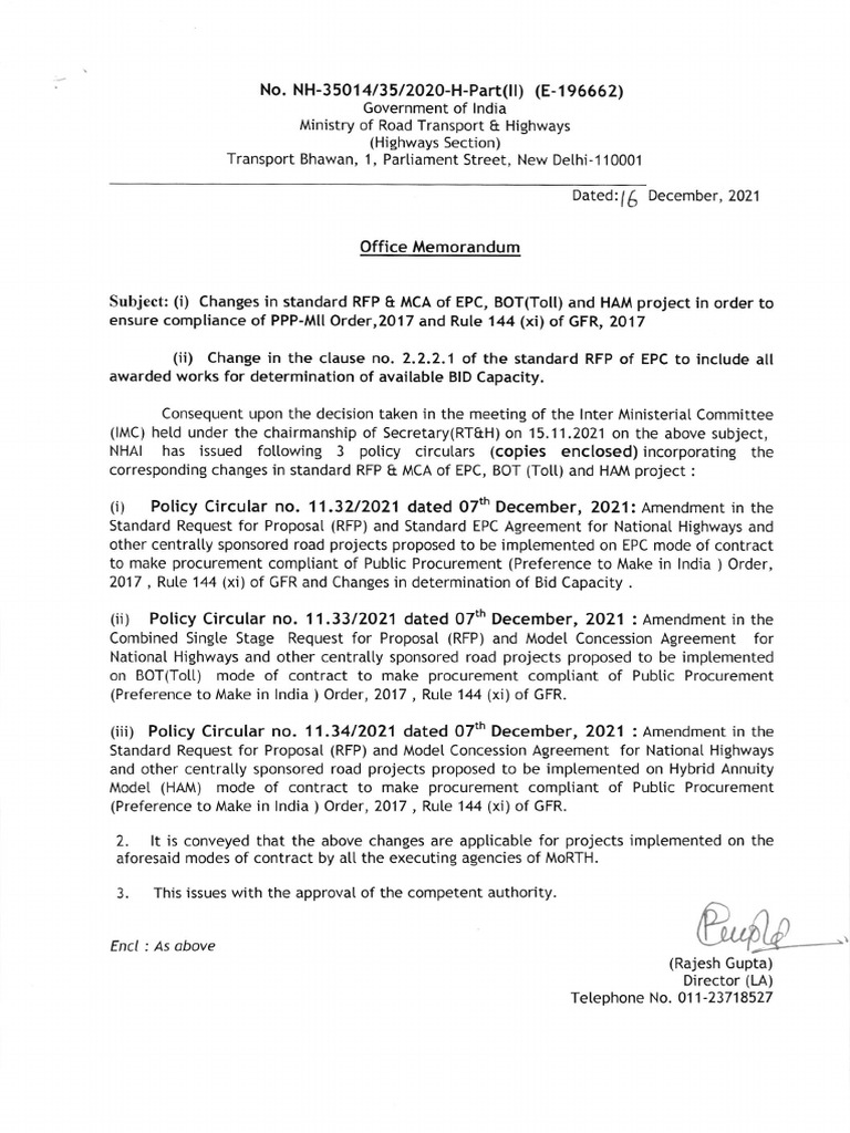 MoRTH-Change in Standard RFP of EPC For Determination of Available BID ...