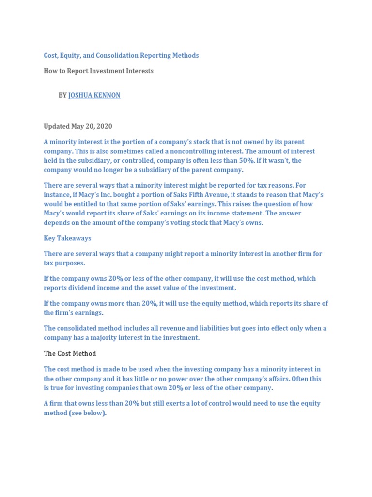 Cost, Equity, and Consolidation Reporting Methods | PDF | Dividend | Stocks