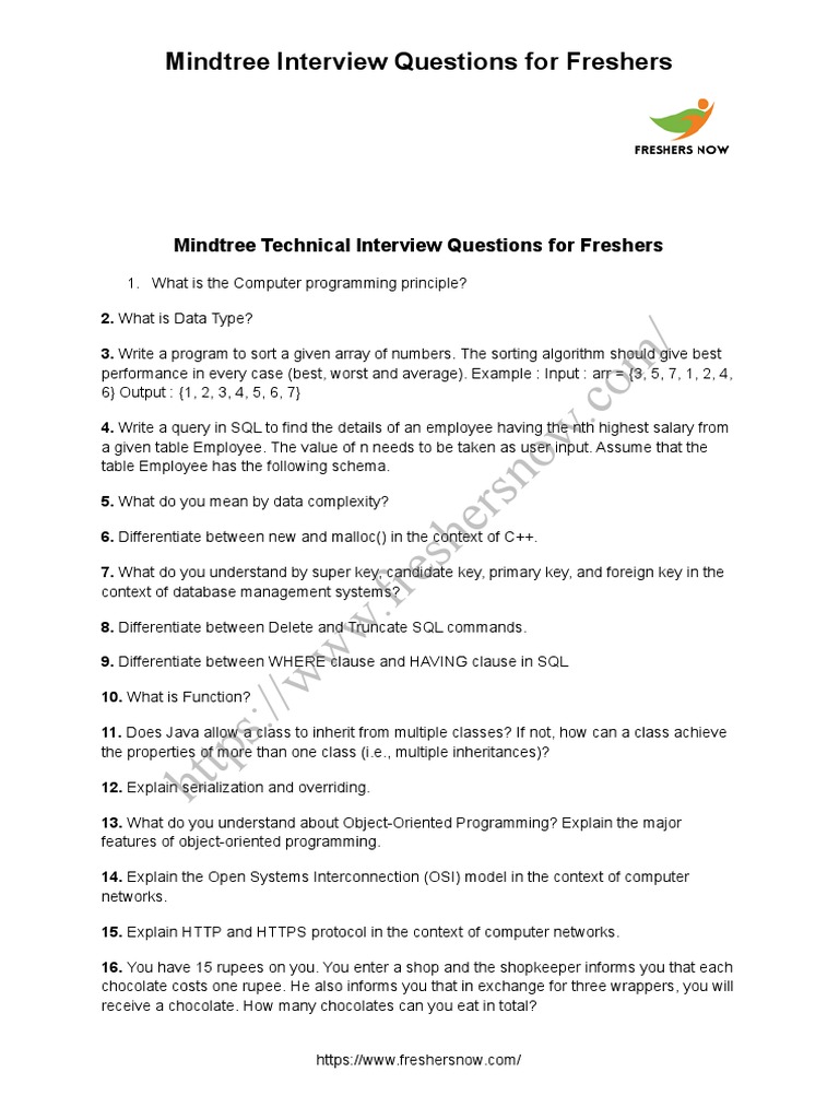 Mindtree Technical Interview Questions For Freshers | PDF | Class (Computer Programming) | Sql