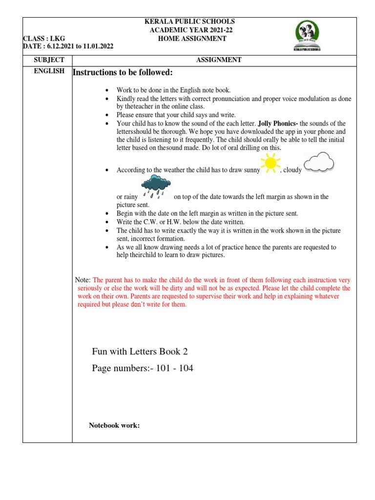 LKG Home Assignment Details for English, Maths, and General Awareness ...