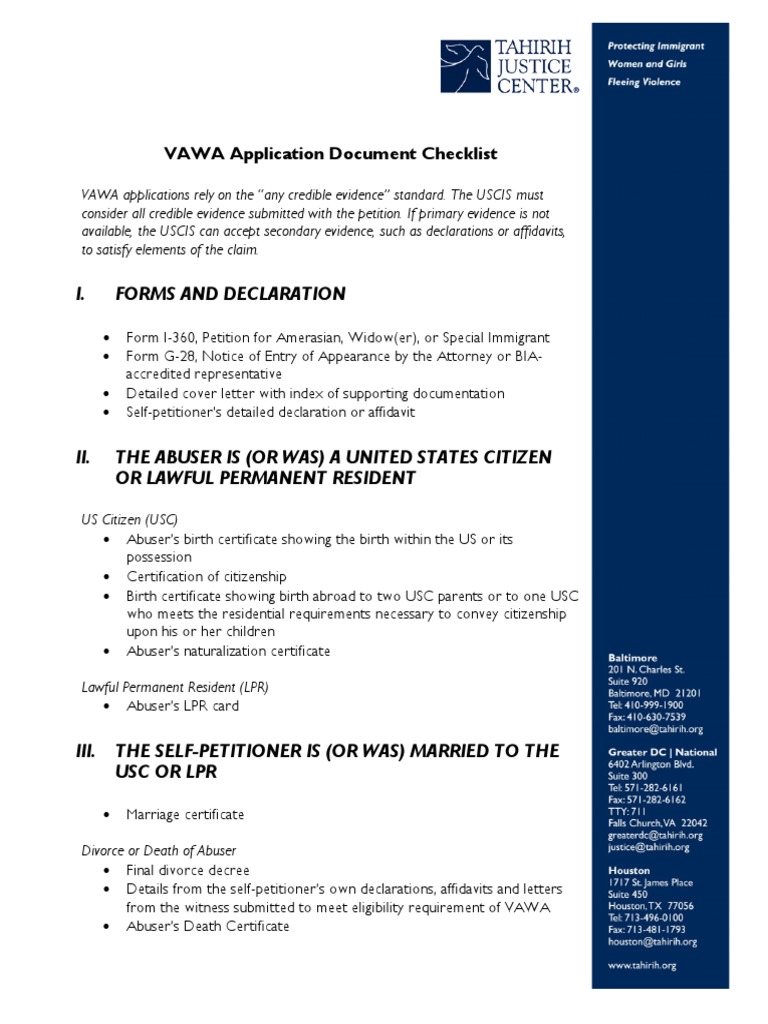 VAWA Application Document Checklist: I. Forms and Declaration | PDF ...