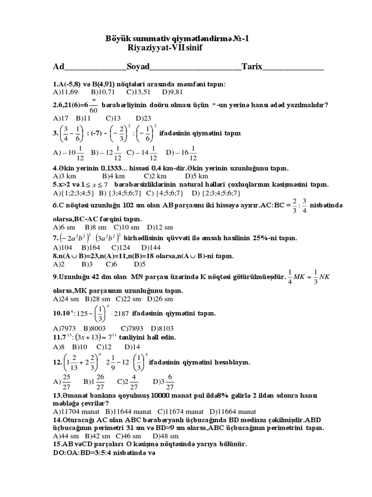 Vii Sinif Riyaziyyat BSQ 1 | PDF