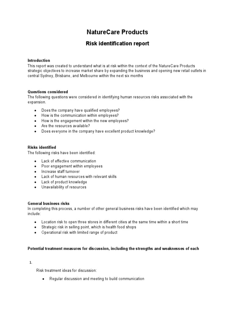 Naturecare Products: Risk Identification Report | PDF | Risk | Employment