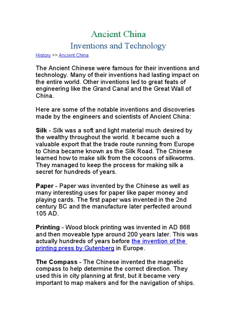 Ancient China: Inventions and Technology | PDF | Silk | Printing