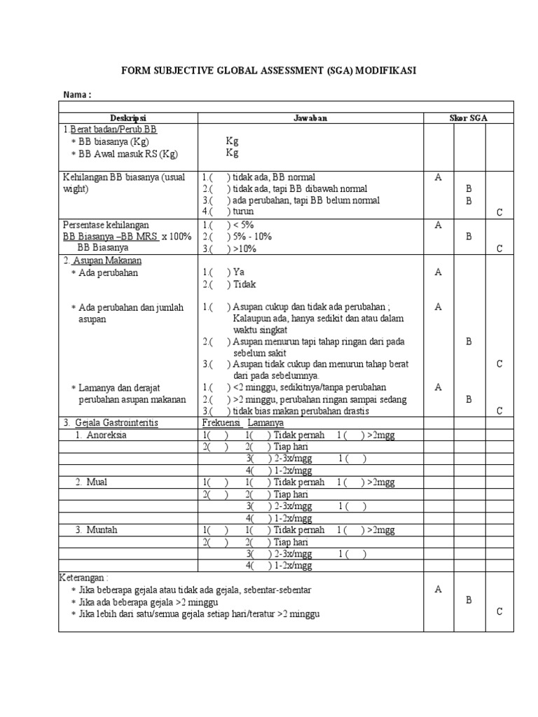 Form Subjective Global Assessment Sga | PDF