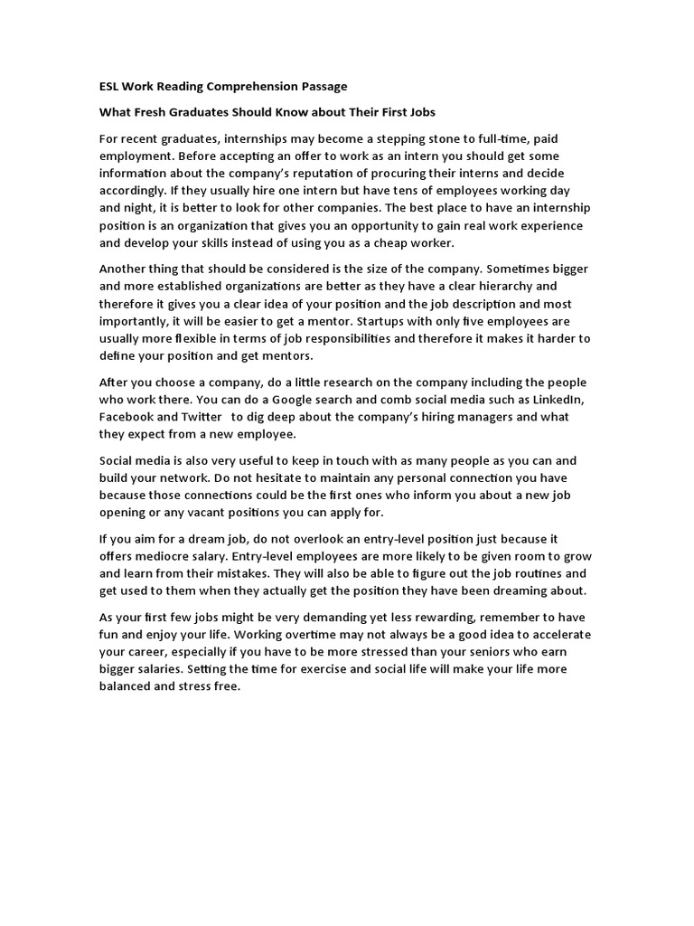 ESL Work Reading Comprehension Passage Reloaded | PDF | Internship ...