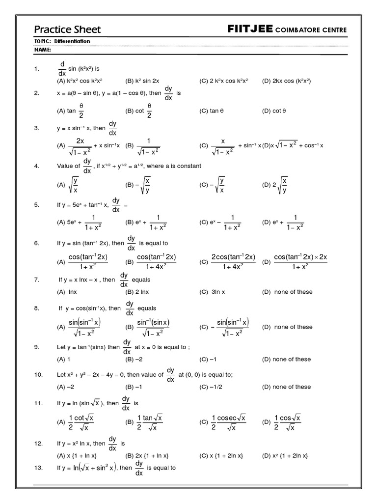 Practice Sheet Differentiation | PDF | Mathematical Analysis | Calculus