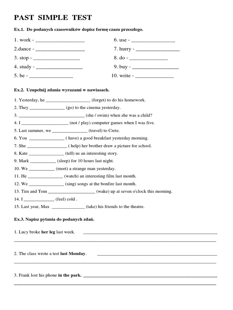 Past Simple Test: Ex.1. Do Podanych Czasowników Dopisz Formę Czasu ...