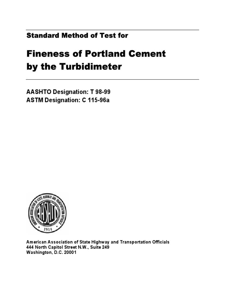AASHTO D. T 98-99 - 2001, Fin. of P.Cement by Turbidimeter | PDF ...