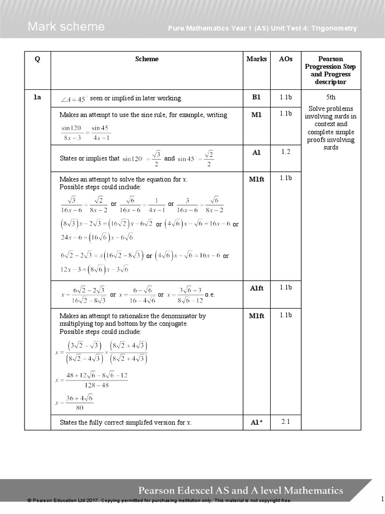 Mark Scheme: Q Scheme Marks Aos Pearson Progression Step and Progress ...