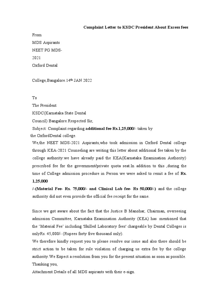 Complaint Letter To KSDC President About Excess Fees | Download Free ...