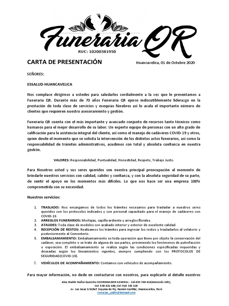 Carta de Presentacion Funeraria | PDF | Casa funeraria