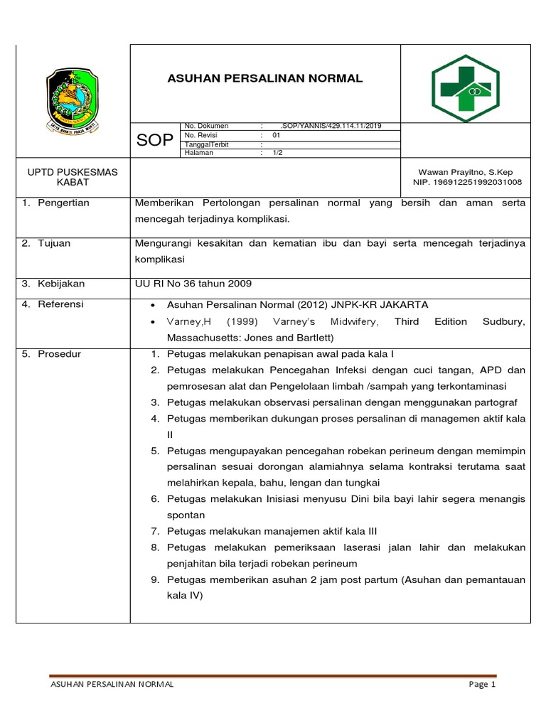 Sop Pertolongan Persalinan Normal | PDF
