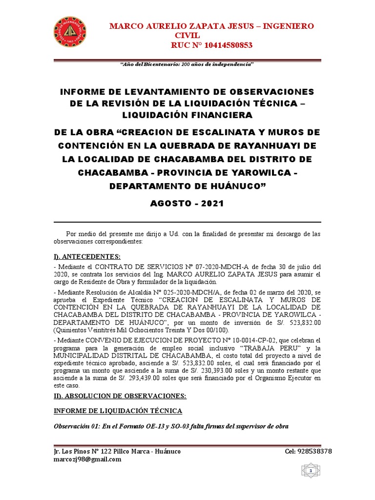 Informe de Levantamiento de Observaciones | PDF | Ingeniero civil | Materiales