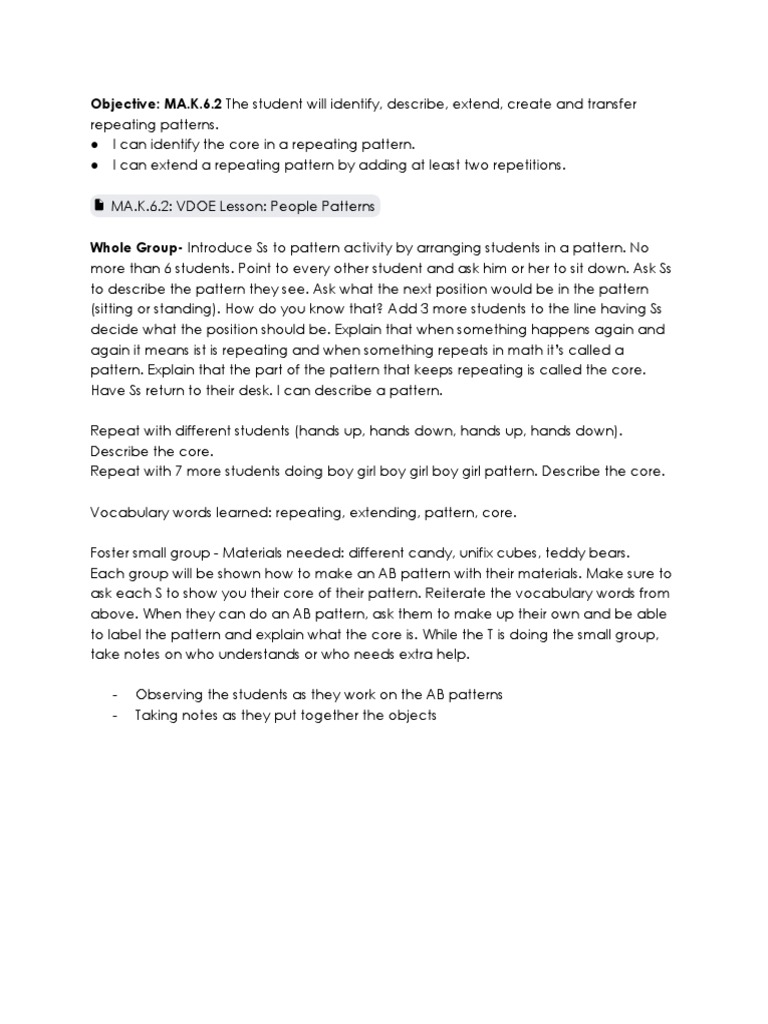 Lesson Plan - Patterns | PDF | Lesson Plan | Educational Psychology