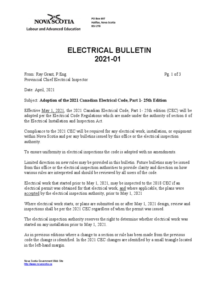 Electrical Bulletin 2021-01: Adoption of The 2021 Canadian Electrical ...