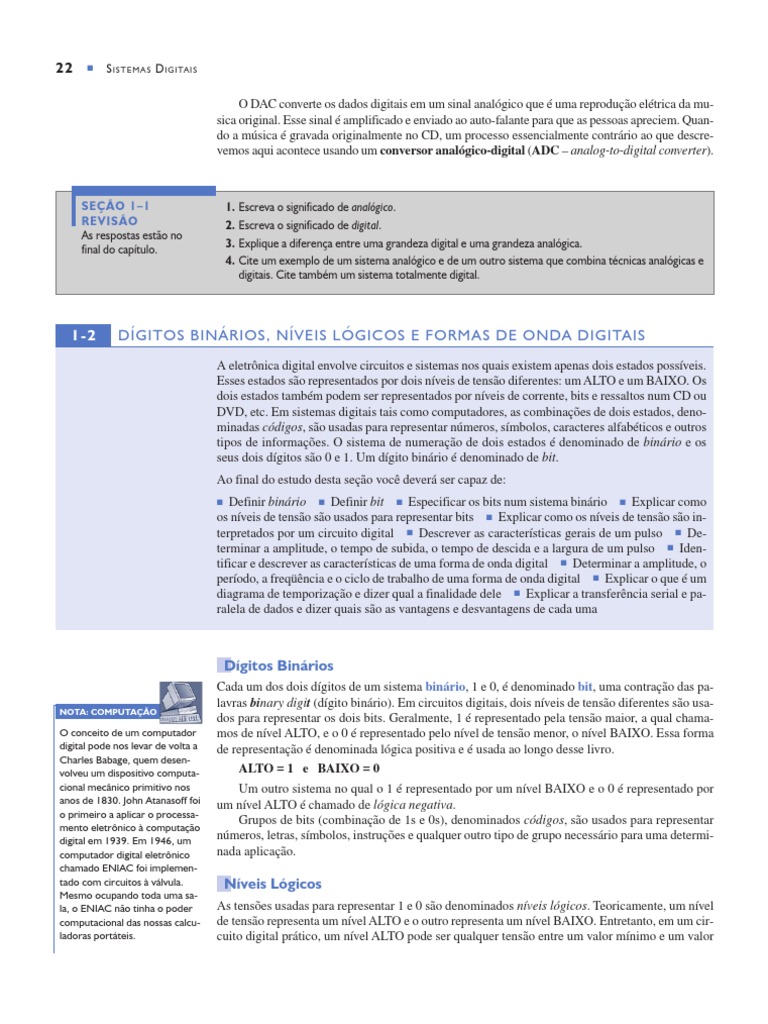Dígitos Binários, Níveis Lógicos E Forma S de Onda Digitais: SEÇÃO 1-1 ...