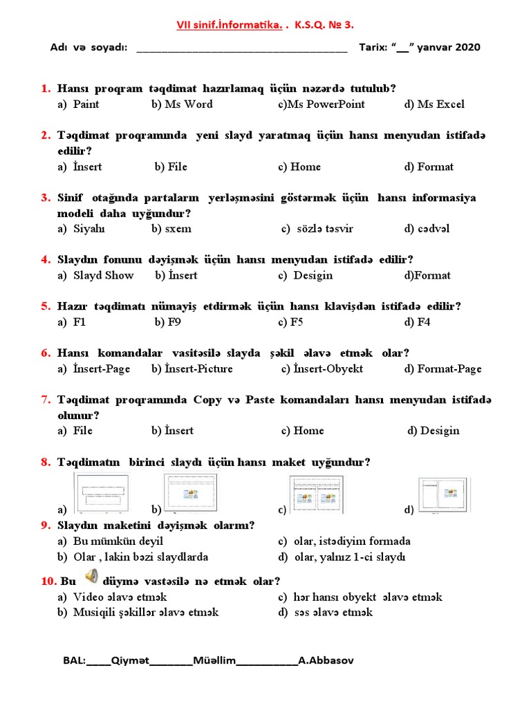 KSQ 3 - 7ci Sinif Informatika - 2ci Variant | PDF