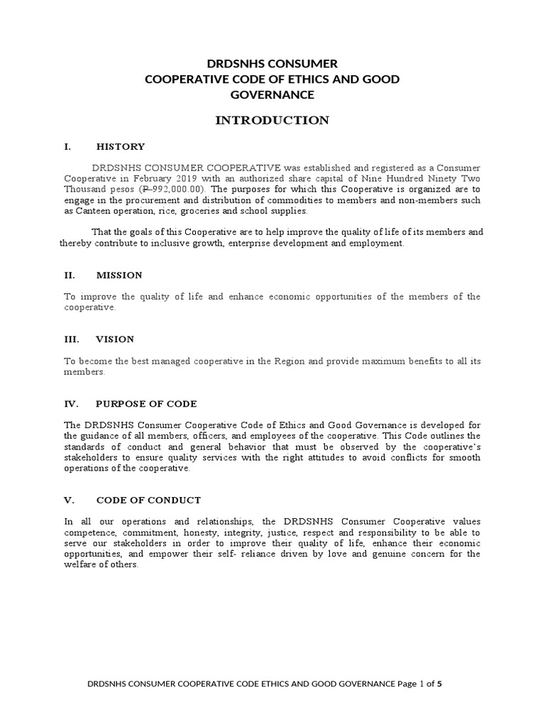 Code of Ethics and Good Governance | PDF | Governance | Cooperative