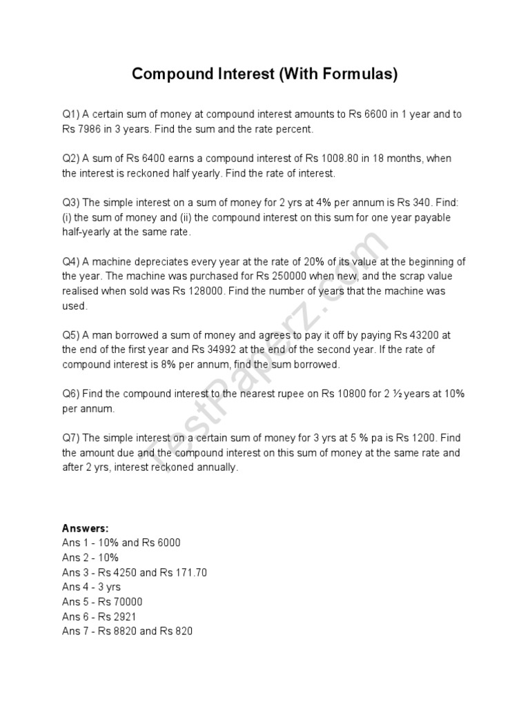 Compound Interest (With Formulas) : Answers | PDF