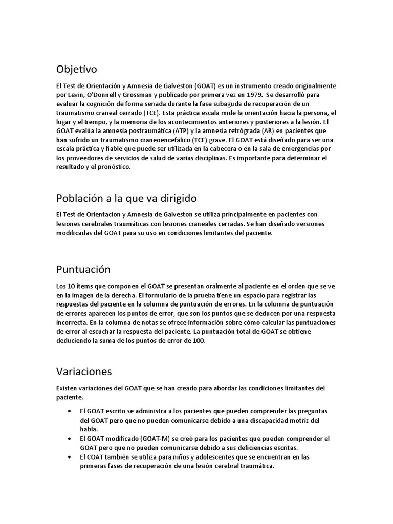 Test GOAT: Evaluación de Amnesia TCE | PDF | Lesión cerebral traumática ...