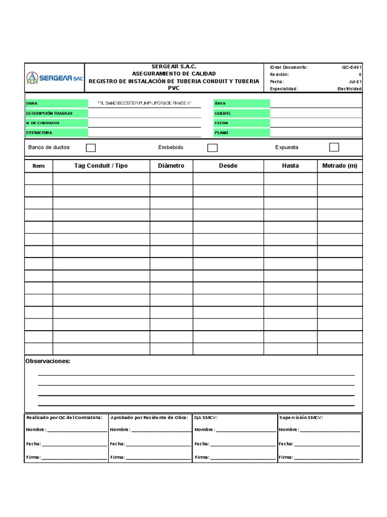 QC-E-001 - Registro de Instalación de Tuberia Conduit | PDF