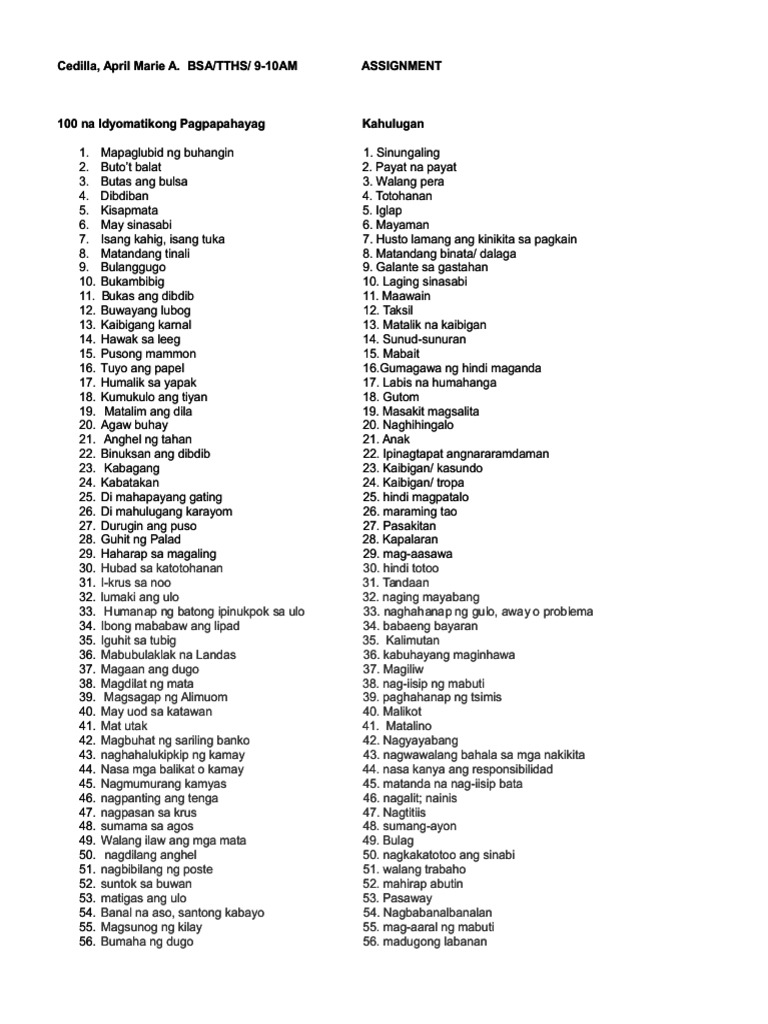 100 Idyomatikong Pahayag at Mga Kahulugan Nito | PDF