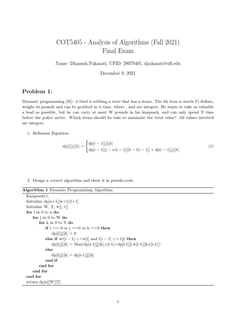 COT5405 - Analysis of Algorithms (Fall 2021) Final Exam: Problem 1 | PDF | Computational ...