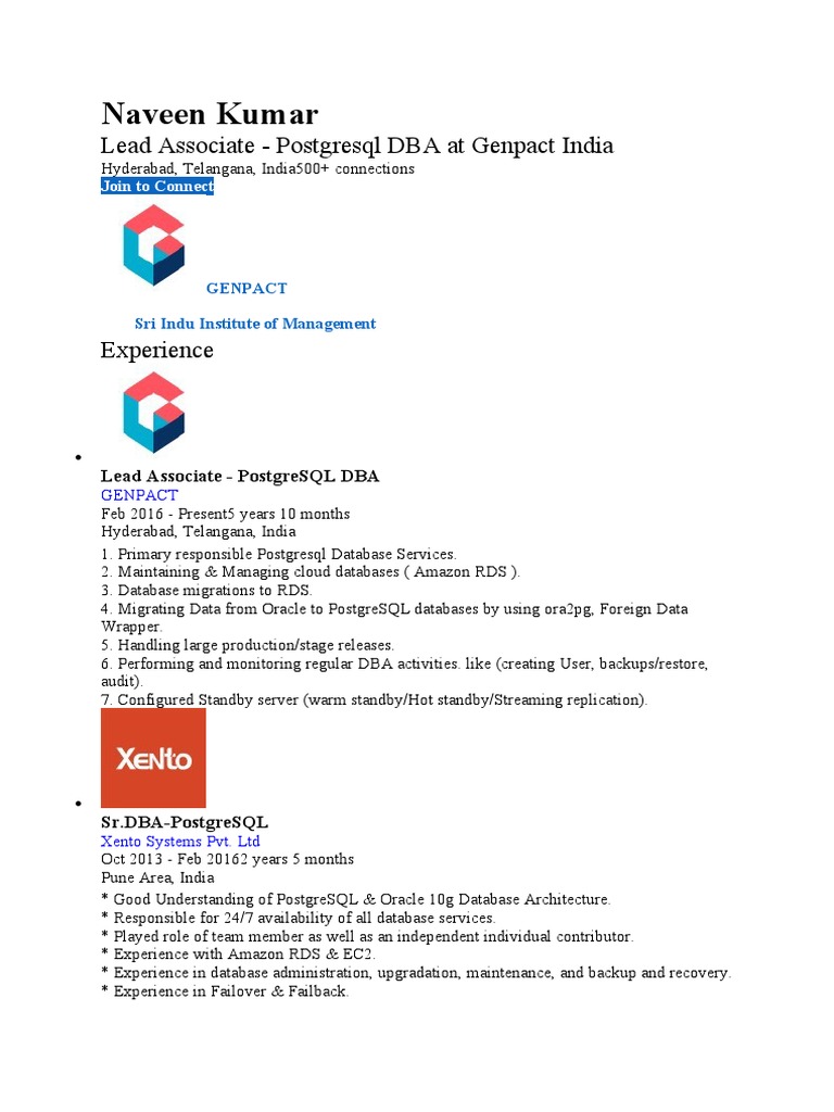 Naveen Kumar Postgresqldba | PDF | Postgre Sql | Databases