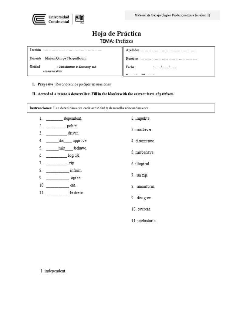 Hoja de Práctica Prefixes | PDF