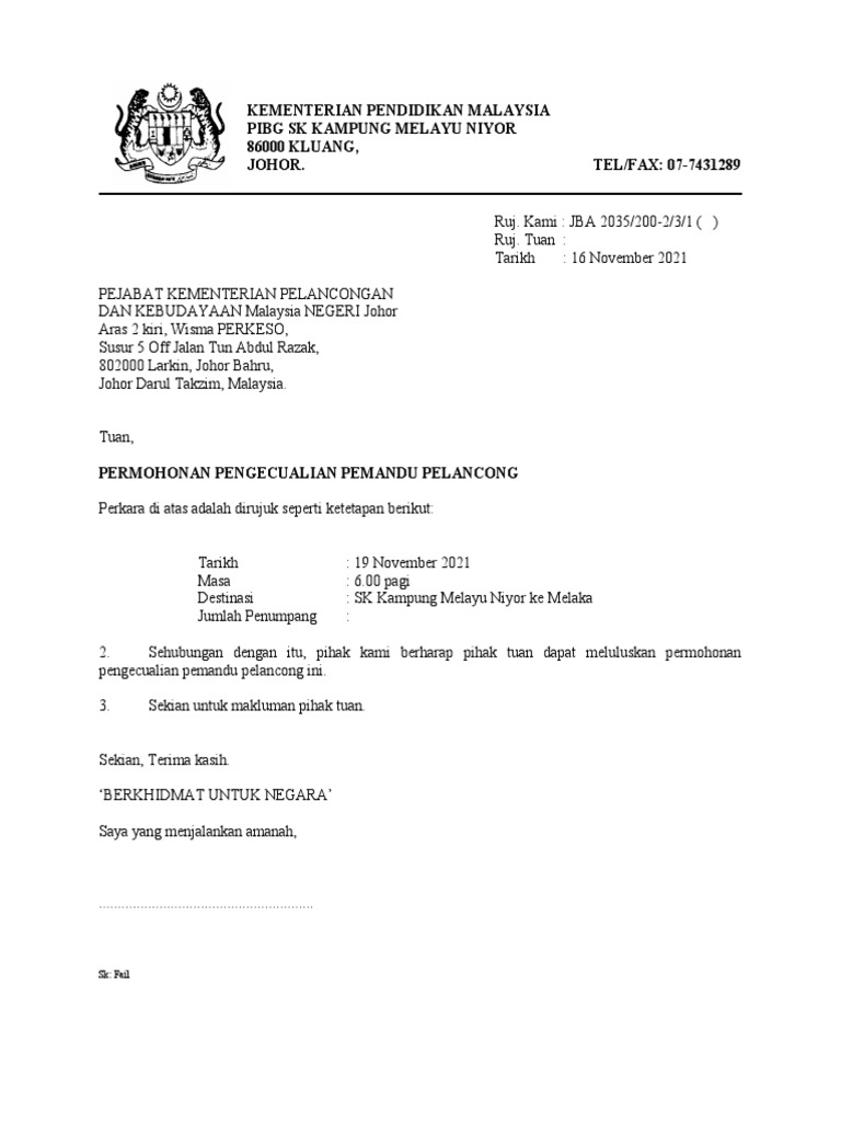 Surat Pengecualian Pemandu Pelancong Bas 2021 | PDF