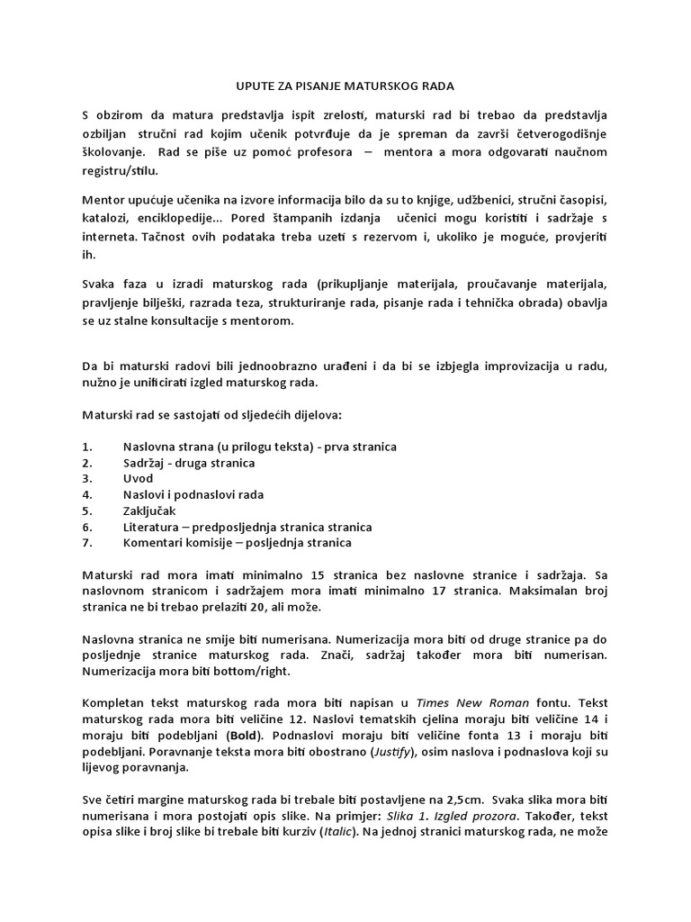 Upute Za Pisanje Maturskog Rada | PDF